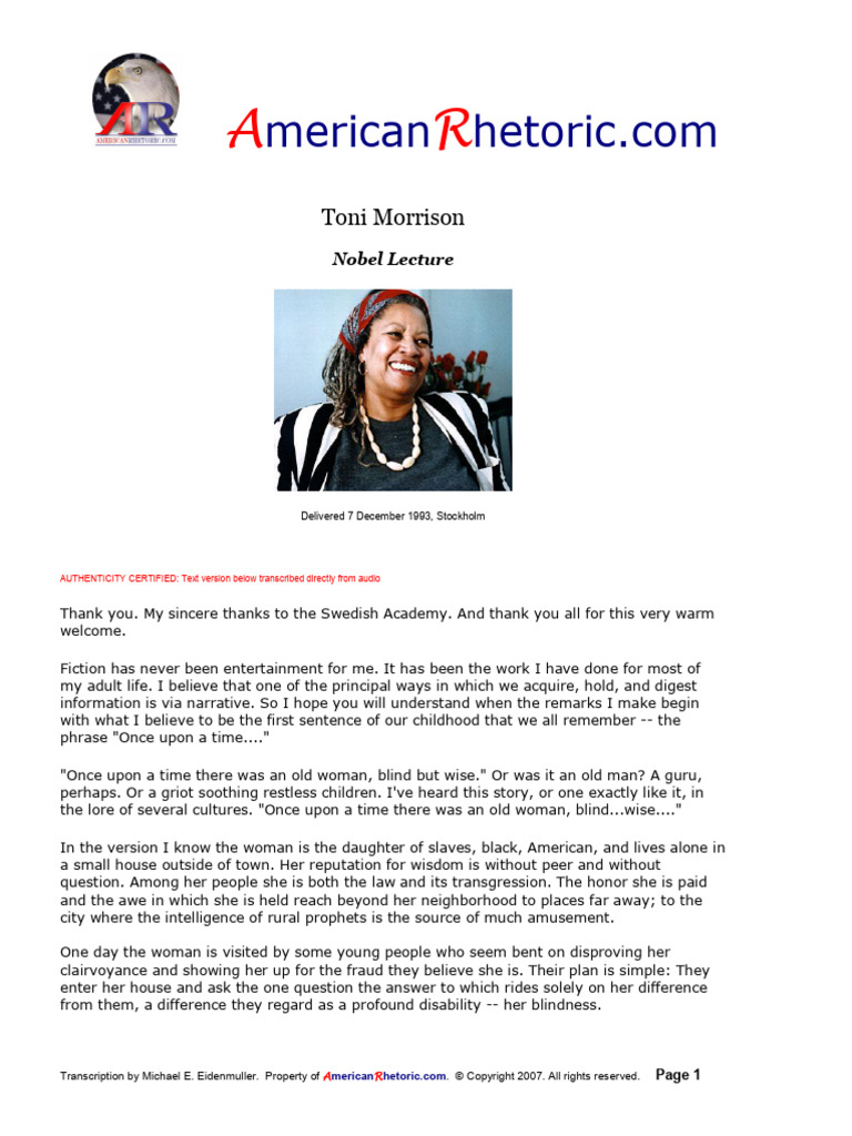 Toni Morrison - Nobel Lecture | PDF
