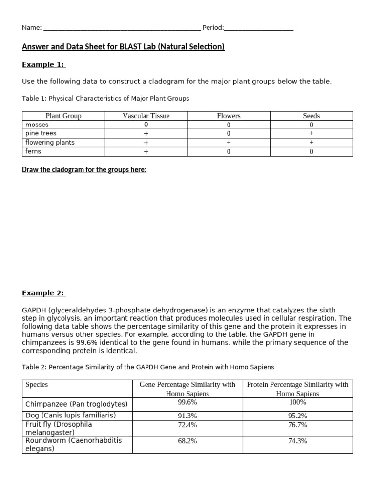 Blast Lab 2021 Answer and Data Sheet | PDF | Glyceraldehyde 3 Phosphate ...