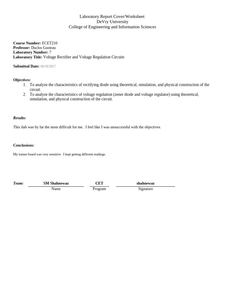 SOLUTION - ECET210 - W7 - Ilab | PDF | Rectifier | Electrical Engineering