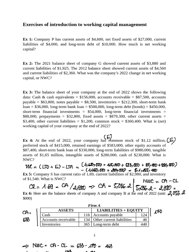 Exercises of Introduction To Working Capital Management | PDF | Balance ...