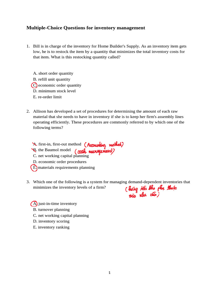 Multiple-Choice Questions For Inventory Management | PDF | Inventory ...