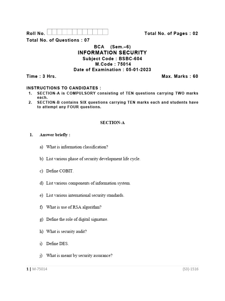Bca 6 Sem Information Security 75014 Jan 2023 | PDF