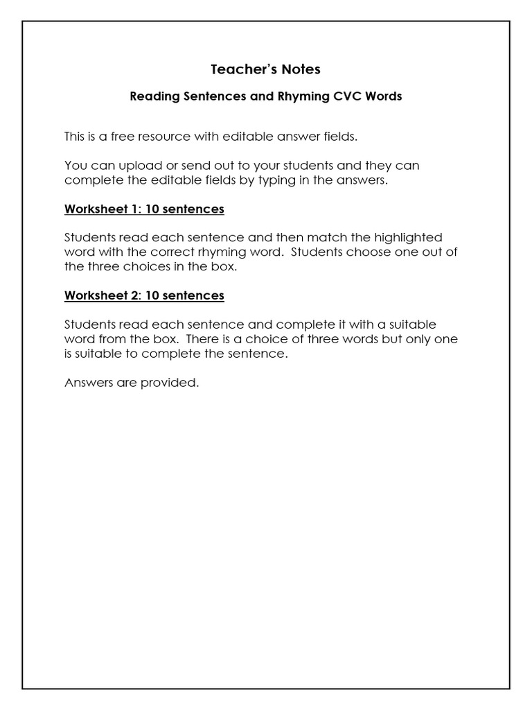 Teacher Notes Cvc Edit Able Fields | PDF
