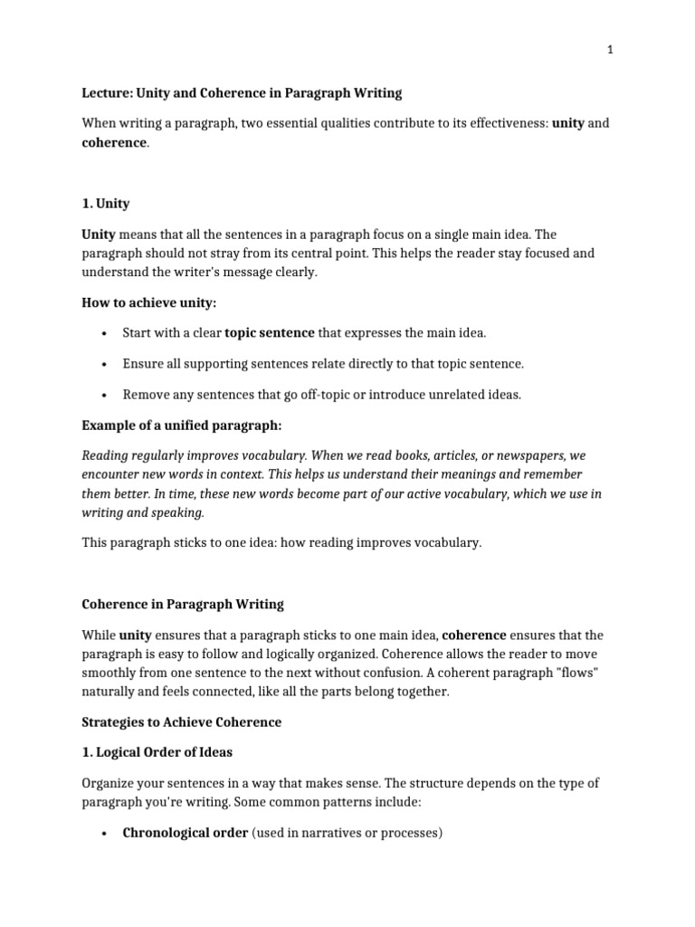 Unity and Coherence in Paragraph Writing | PDF | Educational Technology | Paragraph