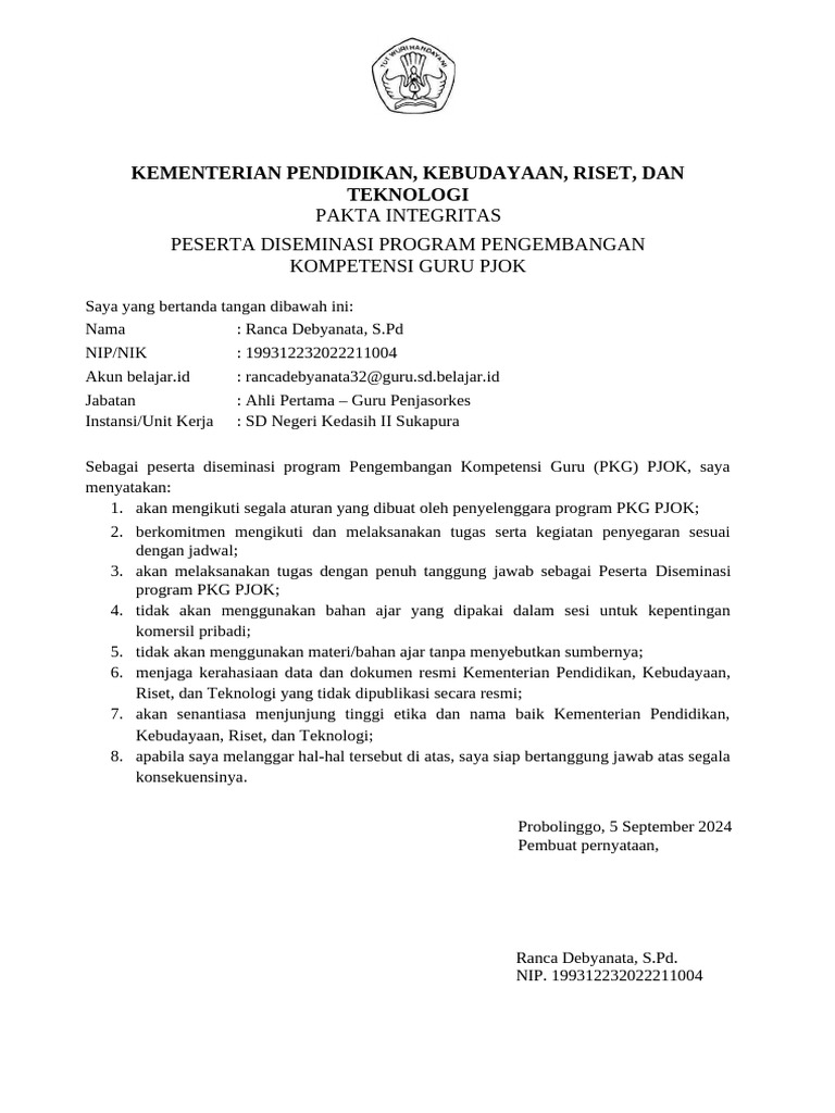 Template Pakta Integritas - Peserta Penyegaran PKG PJOK-2 | PDF