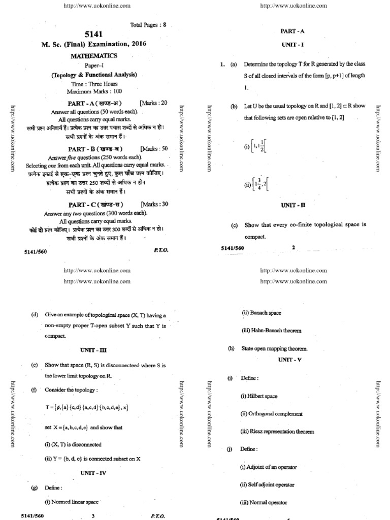 MSC Part 2 Mathematics Topology and Functional Analysis 5141 2016 | PDF