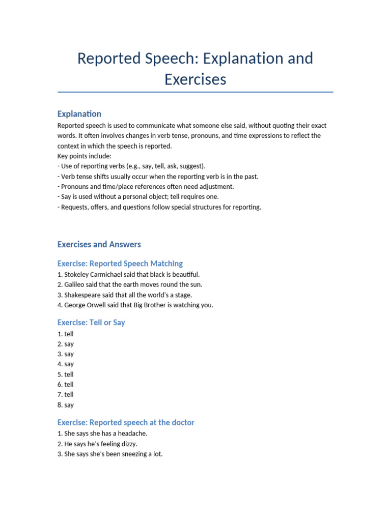 Reported Speech Exercises | PDF
