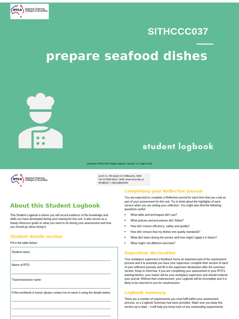SITHCCC037 Student Logbook | PDF | Seafood | Cooking