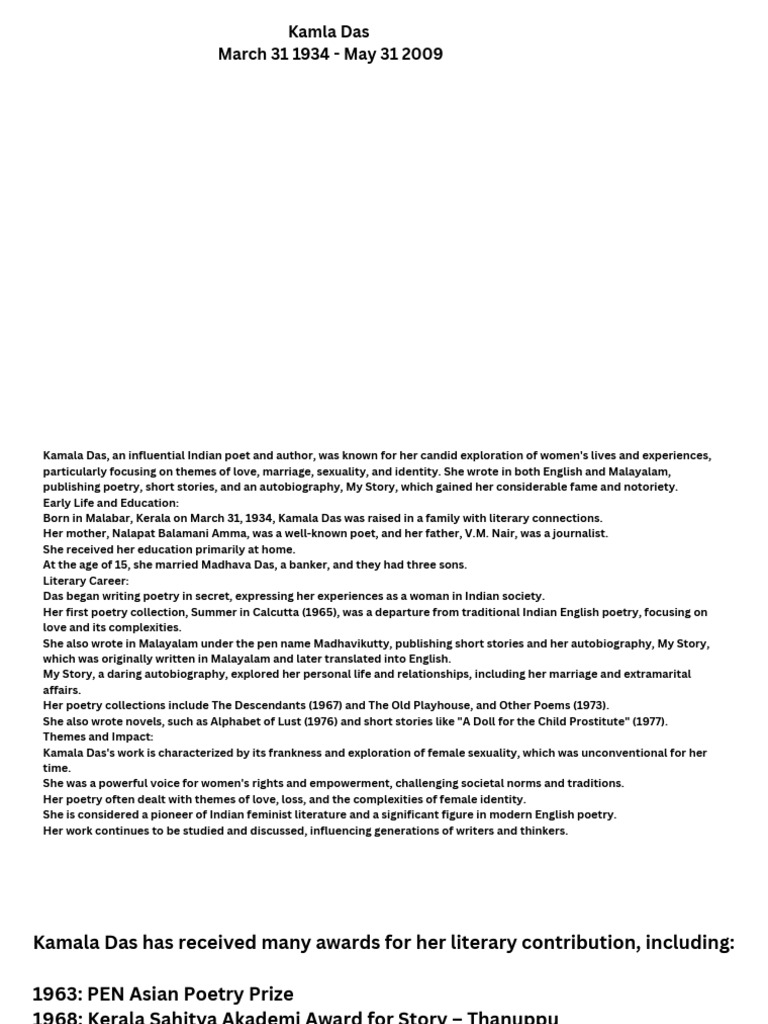 Kamala Das, An Influential Indian Poet and Author, Was Known for Her ...