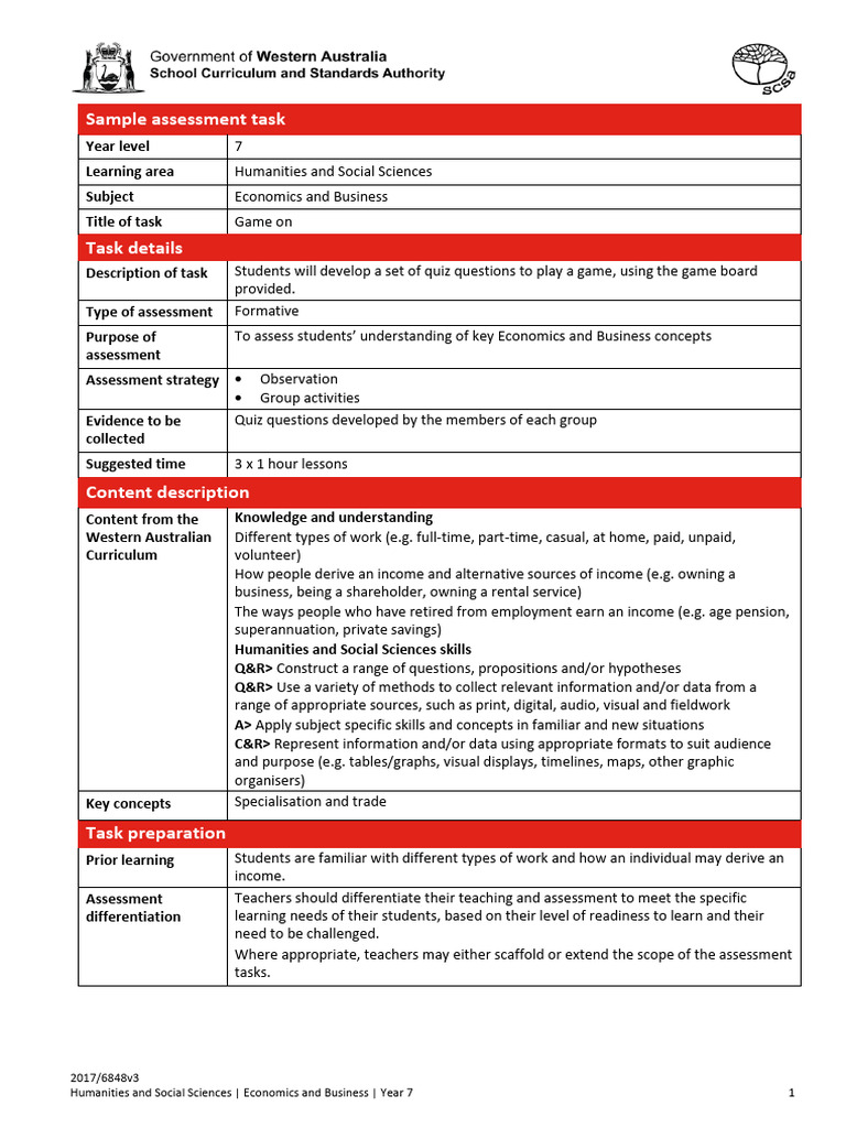 Year 7 Economics Quiz Game Task | PDF | Educational Assessment | Teachers