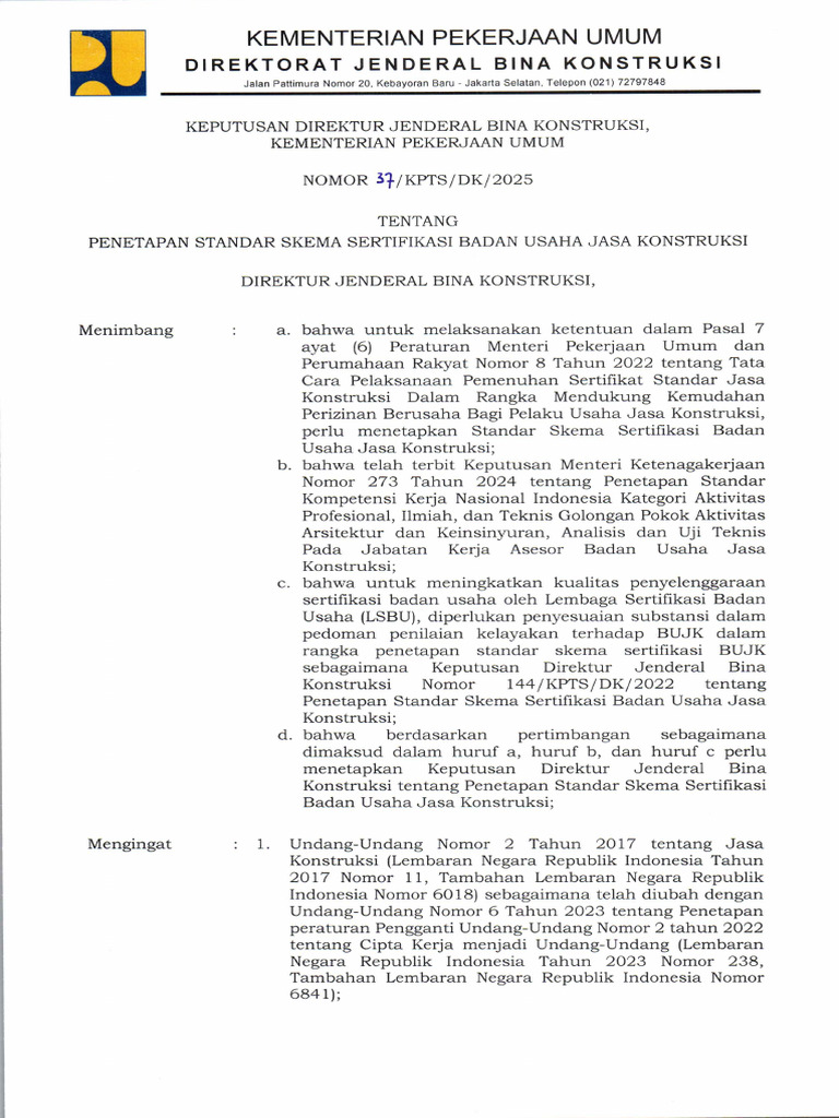 Kepdirjen Bina Konstruksi - 37 - KPTS - DK - 2025 - Standar Skema ...