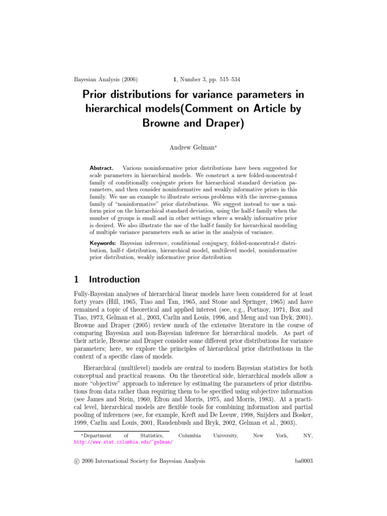 Prior Distributions For Variance Parameters in Hierarchical Models | PDF | Statistical Inference ...