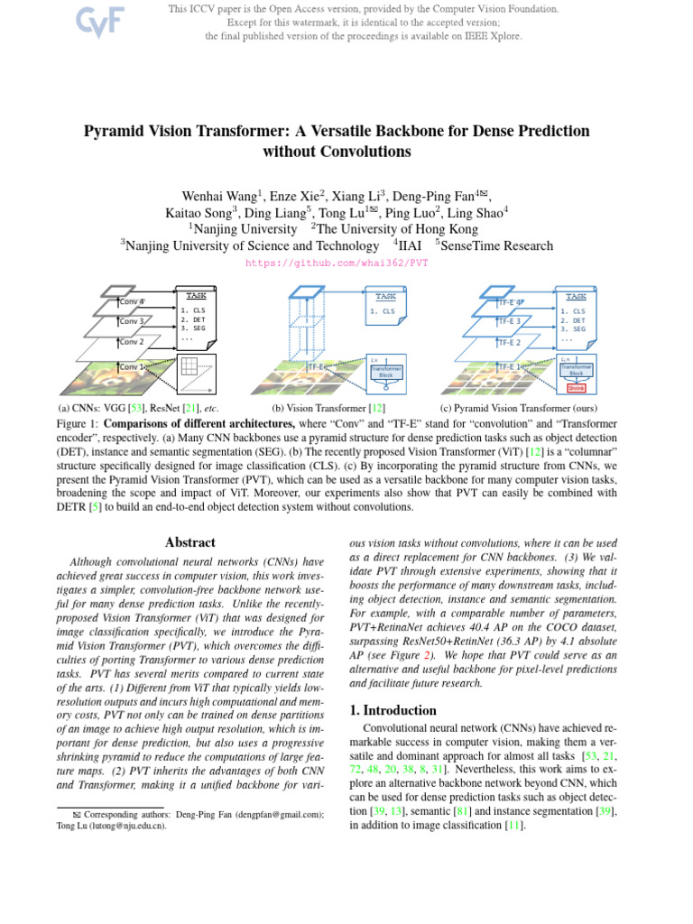 【PVT】Wang Pyramid Vision Transformer a Versatile Backbone for Dense Prediction Without ICCV 2021 ...