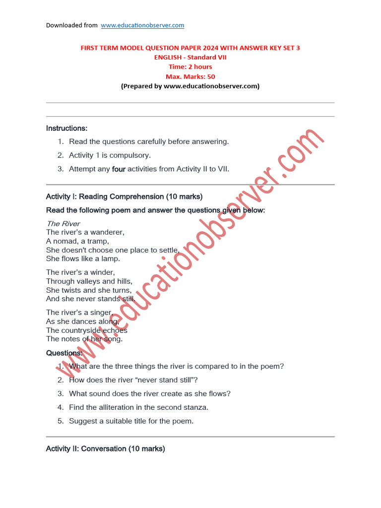 7th English First Term Model Question Paper - English by ...