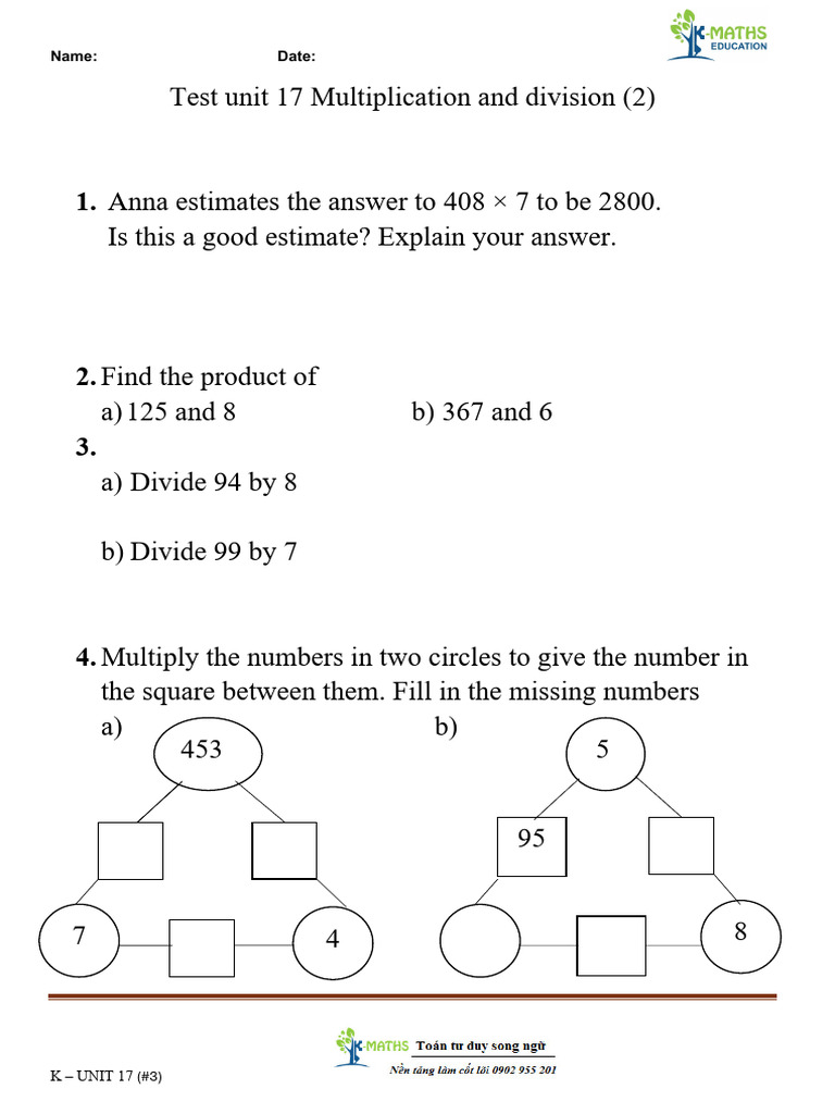 Test Unit 17 Multiplication and Division | PDF