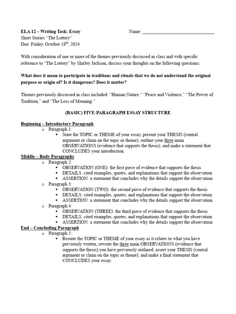 ELA 12 The Lottery Writing Task | PDF | Essays