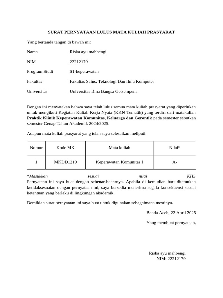 Surat Pernyataan Riska Ayu Mahbengi | PDF