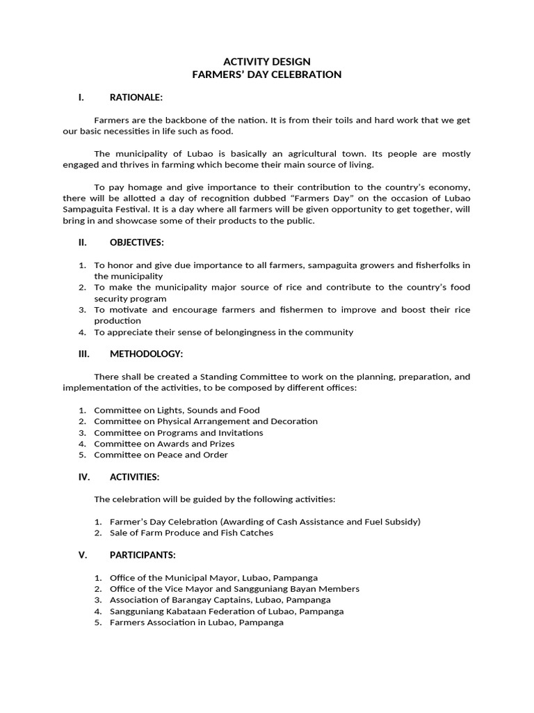 Farmer's Day Celebration 2024 Activity Design - r1 | PDF | Economies