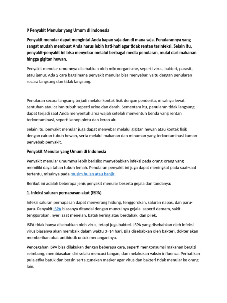 9 Penyakit Menular Yang Umum Di Indonesia | PDF