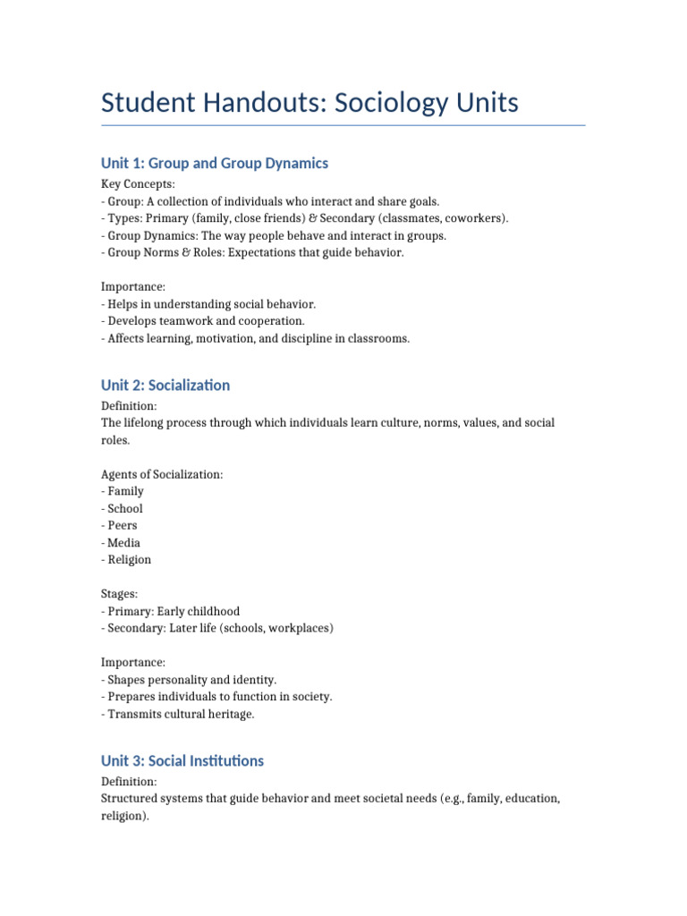 Sociology Handouts All Units | PDF | Socialization | Behavioural Sciences