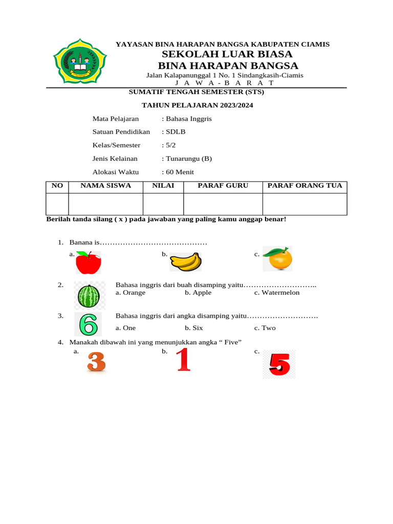 Soal PTS B Inggris Kelas 5 SDLB Tunarungu September 2023 (Bu Sadiah) | PDF