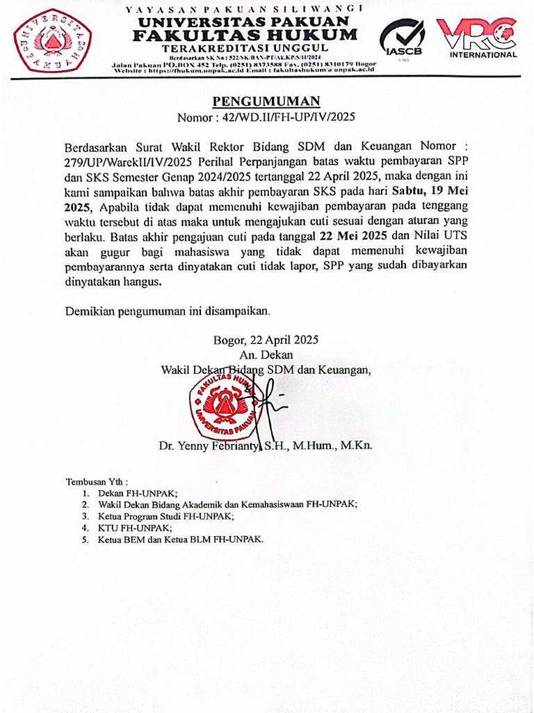 19 MEI 2025 Perpanjangan Batas Waktu Pembayaran SPP Dan SKS Semester Genap 2024-2025 | PDF