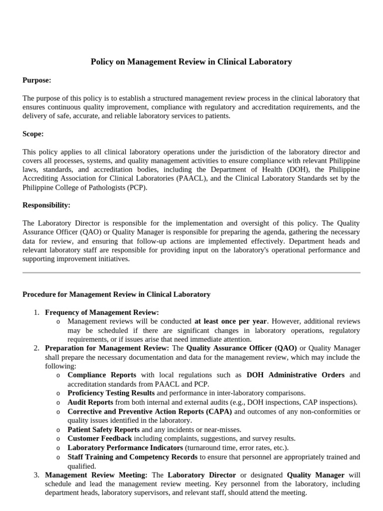 Management Review Policy for Labs | PDF | Laboratories | Medical Laboratory