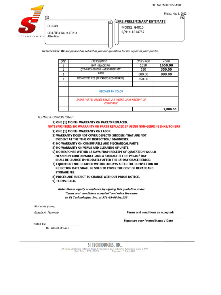 Quotation For Printer Repair | PDF | Printer (Computing) | Office Work