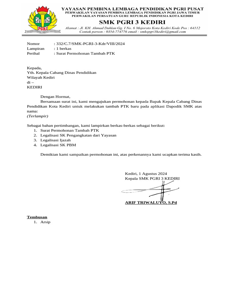 Surat Permohonan tambah PTK 2024 | PDF