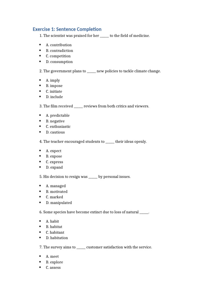 PTE Sentence Completion Exercises 2 and 3 | PDF