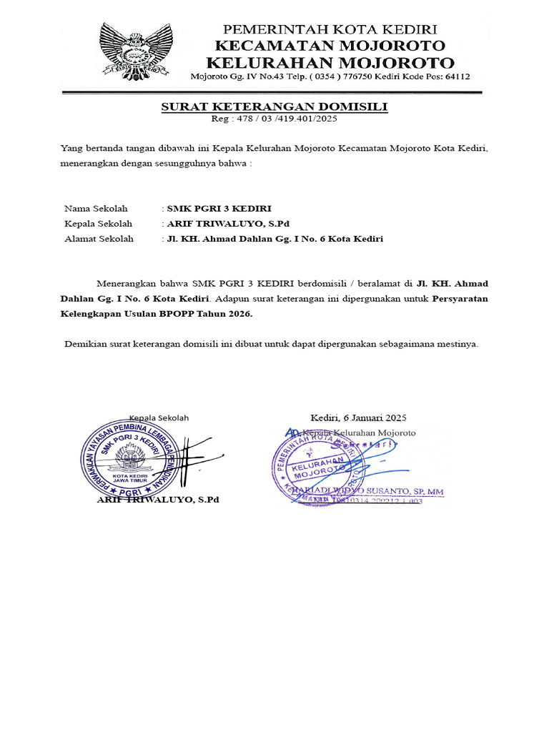 Surat Keterangan Domisili SMK PGRI 3 Kediri | PDF