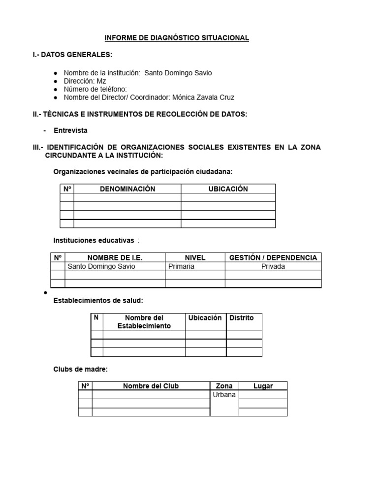 Esquema Informe Diagnóstico Situacional | PDF