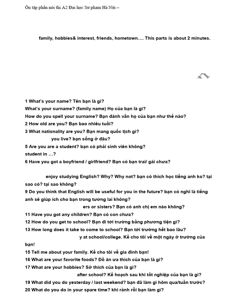 A2 Speaking Topics Khung Chau Au 1533002158 | PDF | Telephone