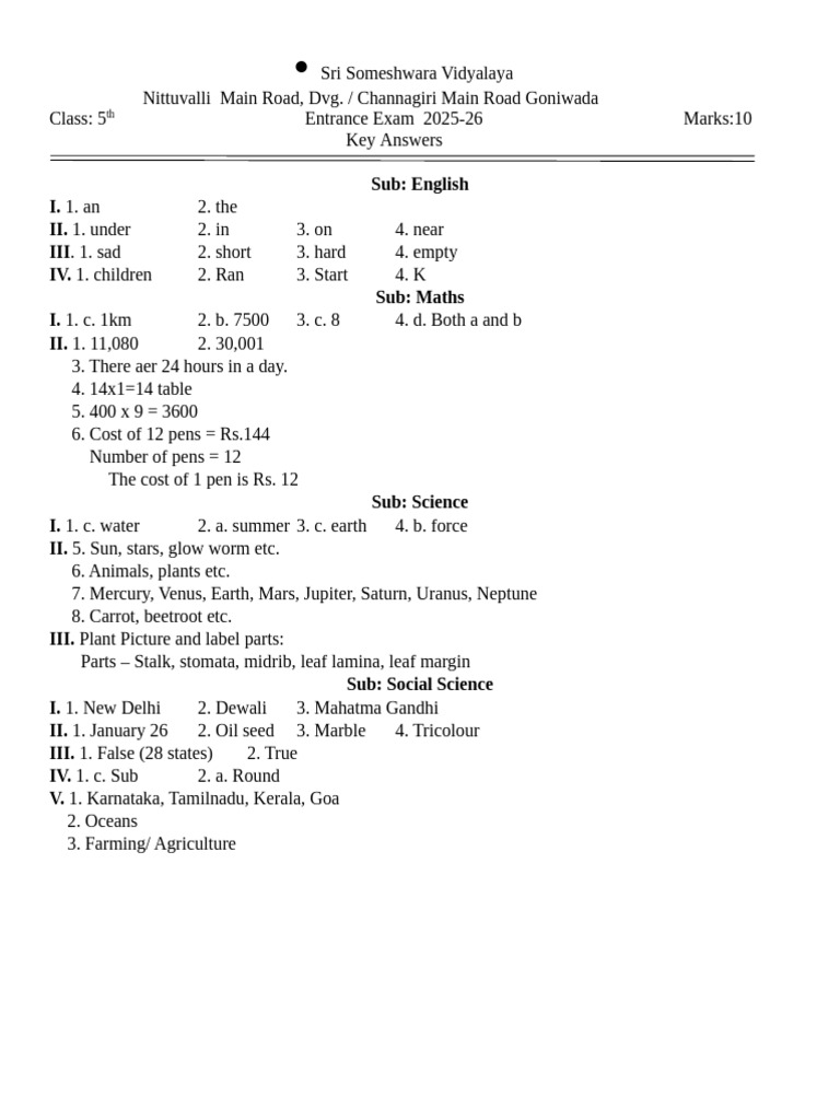 5th Standard Entrance Exam Answer Key | PDF