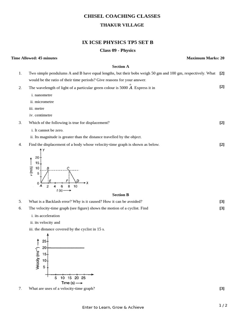 Ix Icse Physics Measurements, Motion T1 08.05.24 Set B | PDF