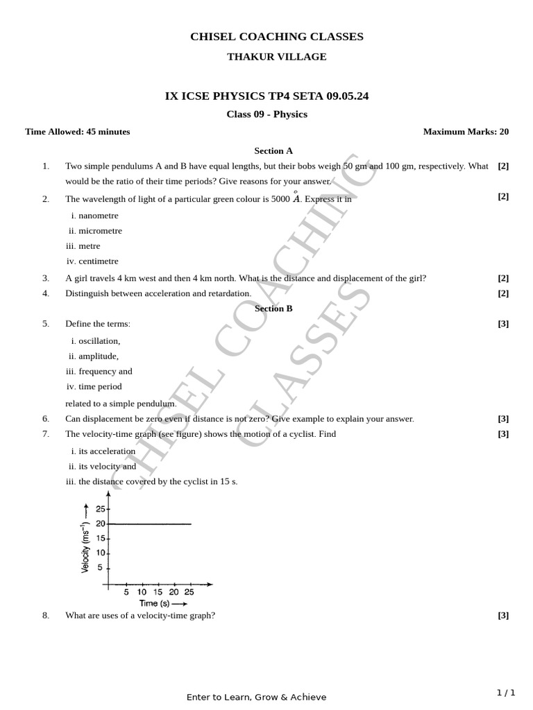 Ix Icse Physics Measurements, Motion T1 08.05.24 | PDF | Pendulum ...