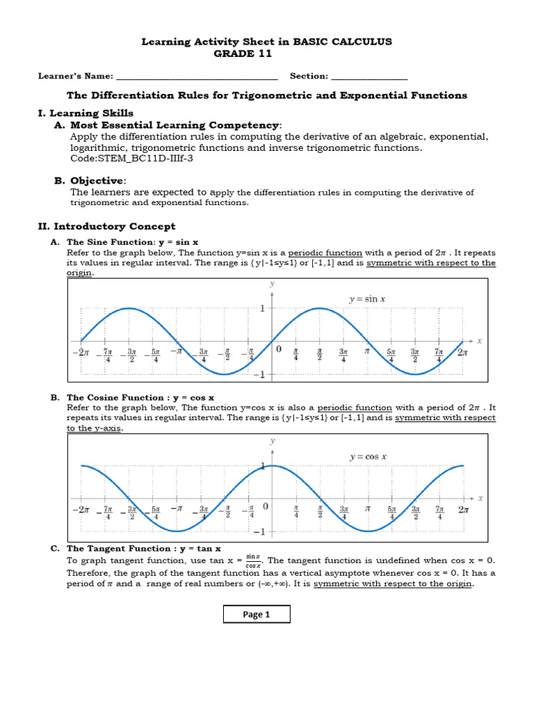 Module 12 The Differentiation Rules For Trigonometric And Exponential Functions Pdf