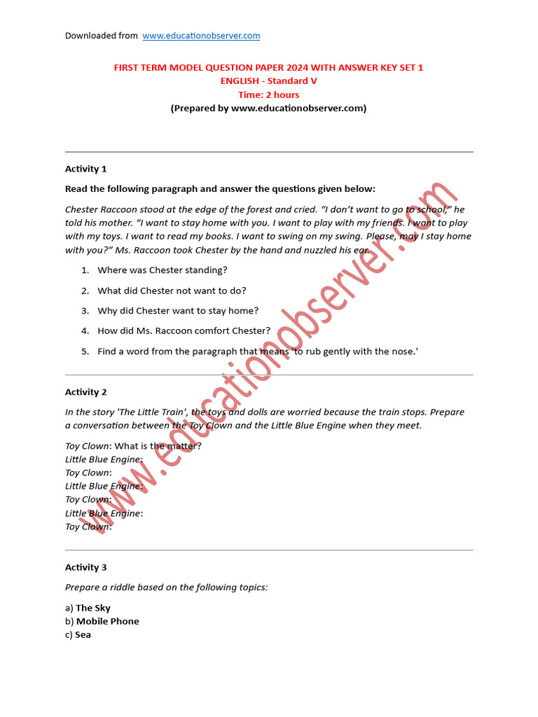 5th ENGLISH First Term Model Question Paper - by Educationobserver - Com 1 | PDF | Toys