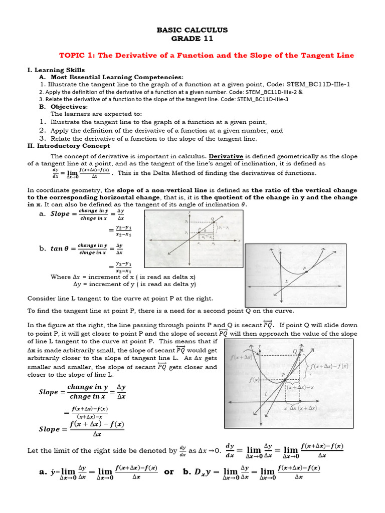 Lesson 8 10 11 Derivative of A Function and Slope of The Tangent Line ...