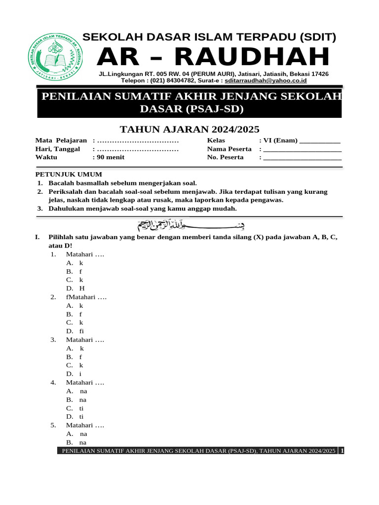 Penilaian Akhir SDIT Ar-Raudhah 2024/2025 | PDF