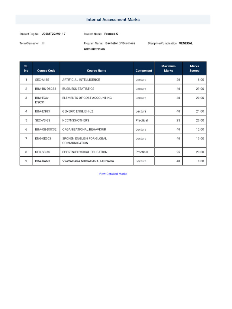 Student Internal Assessment Marks | PDF