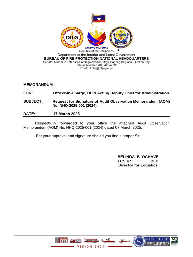Memorandum For: Officer-in-Charge, BFP/ Acting Deputy Chief For ...