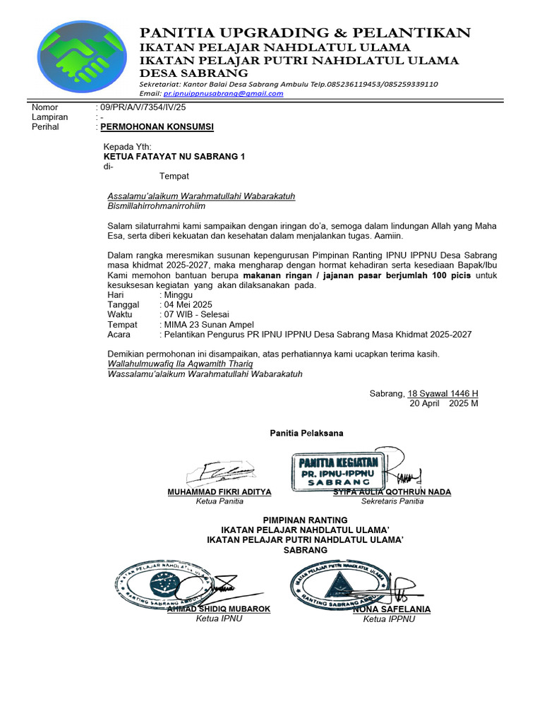 Surat - Permohonan - Konsumsi - IPNU - IPPNU - 2025 (1) Fix | PDF