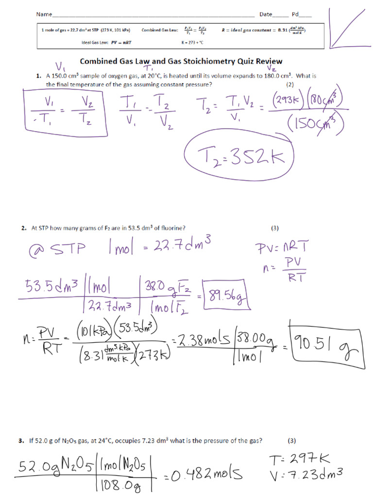 Combined-Ideal and Gas Stoichiometry Quiz Review-Key | PDF