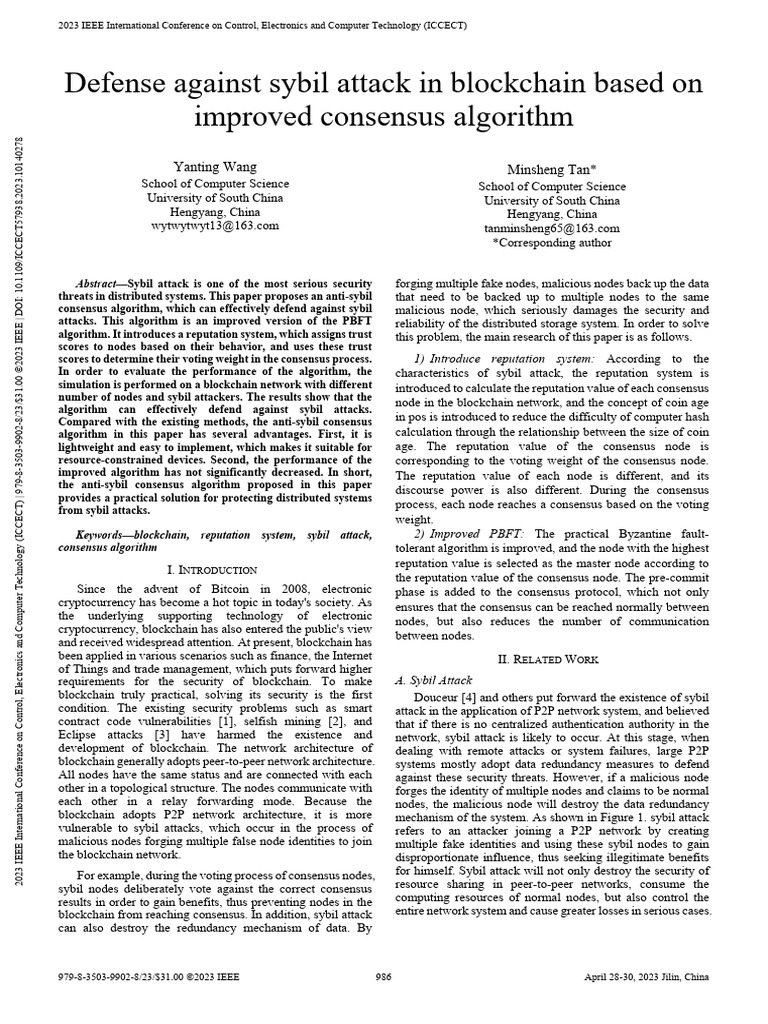 Defense Against Sybil Attack in Blockchain Based On Improved Consensus Algorithm | PDF | Peer To ...