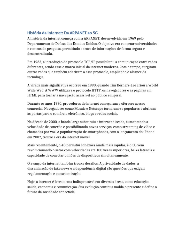 História Da Internet - Da ARPANET Ao 5G (Versão Expandida) | PDF