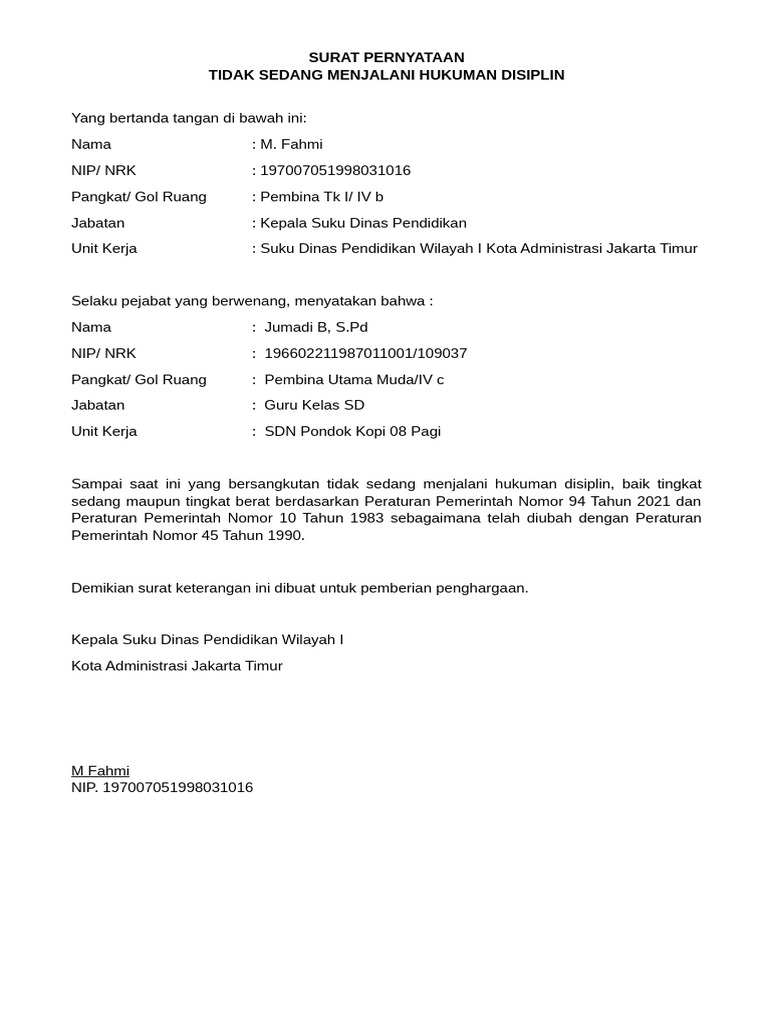 Surat Pernyataan Hukdis TTD Kasudin | PDF