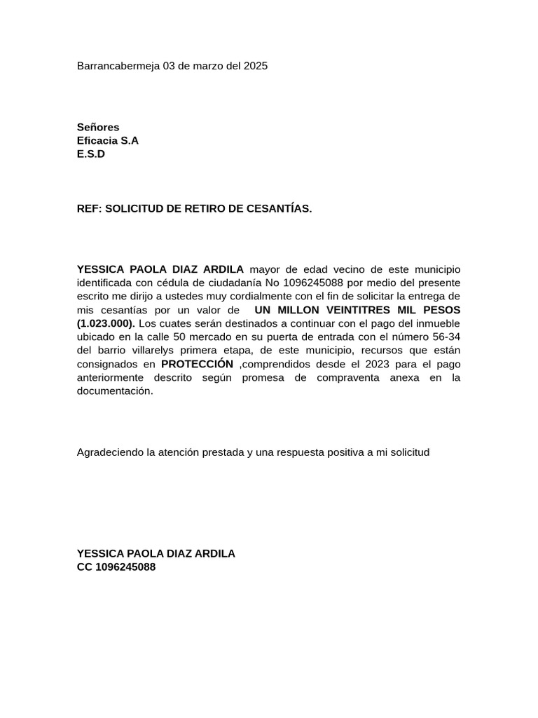 Carta Retiro Cesantías | PDF