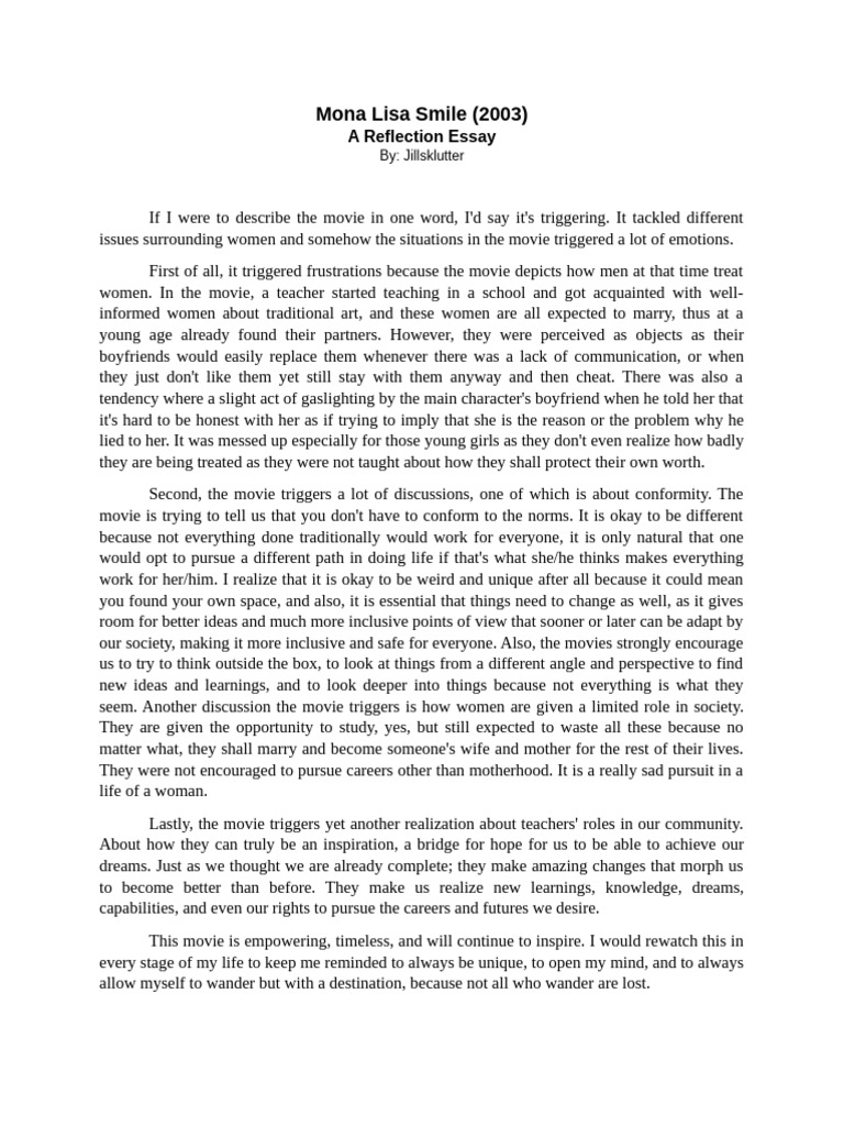Mona Lisa Smile Reflection Essay | PDF
