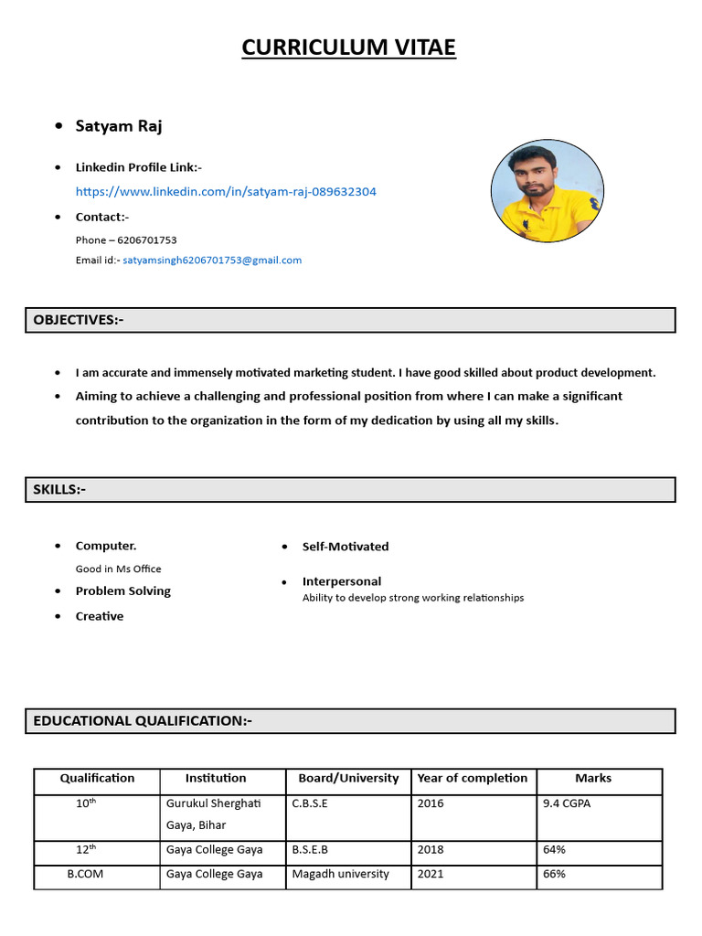 1.curriculum Vitae (Satyam Raj) Mba Resume | PDF